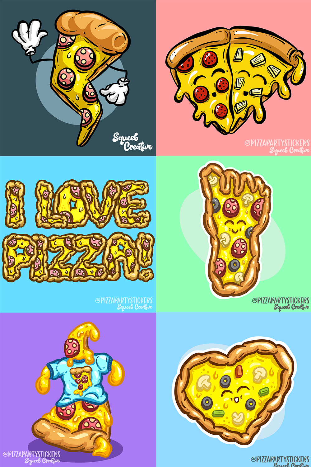 Pizza Party Stickers I love Pizza Cartoon Illustrations – SQUEEB CREATIVE